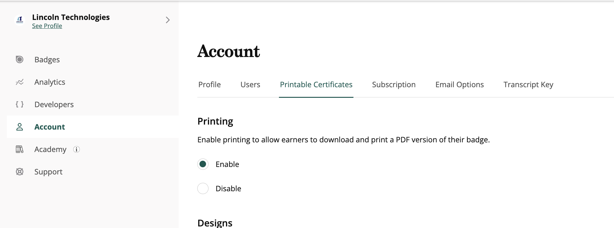 Enabling print certificates – Credly, Inc.